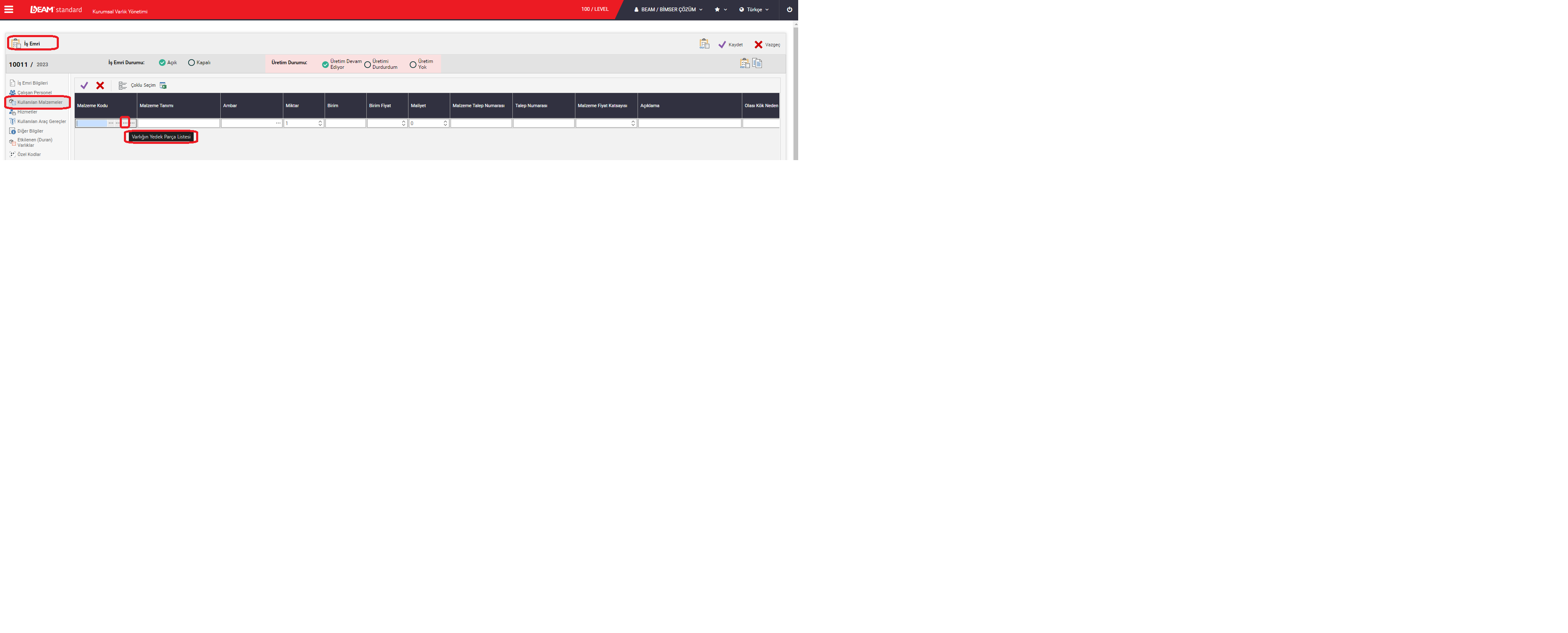 Work Order Material Usage | Bimser